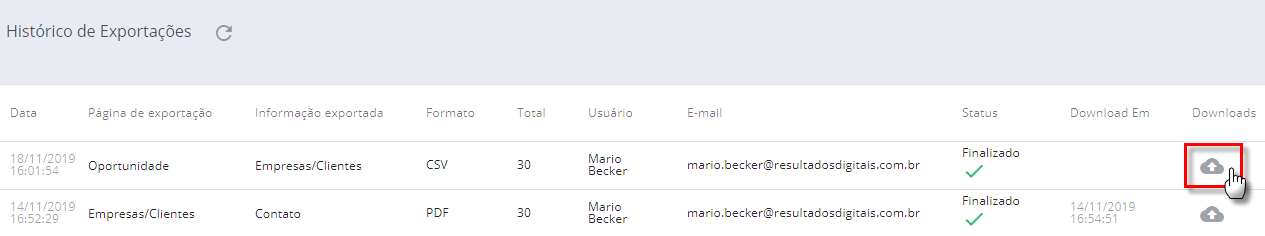Exportação de informações