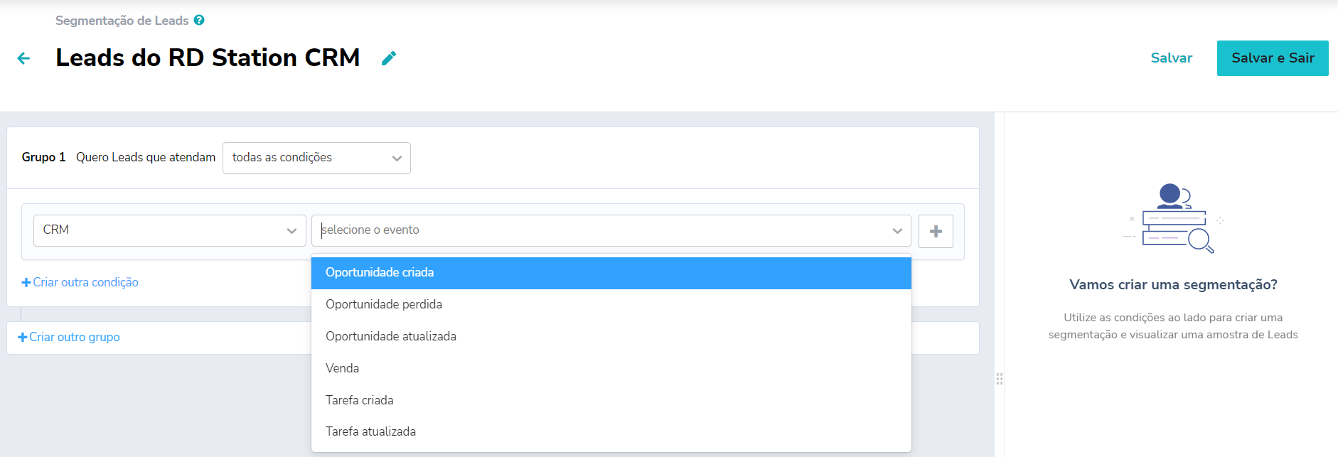 Segmentar leads com oportunidades criadas no RD Station CRM