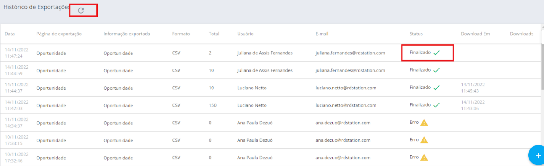 Exportação de informações
