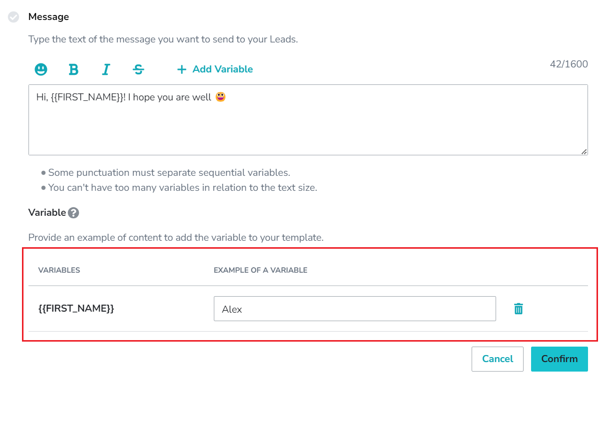 Using variables in WhatsApp messages