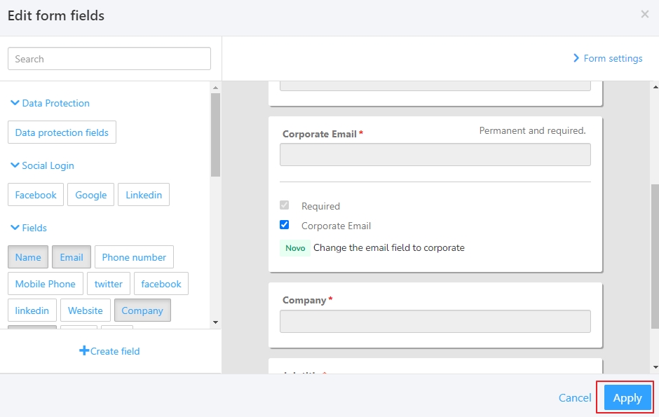 Enable the Corporate Email requirement in forms on RD Station Marketing