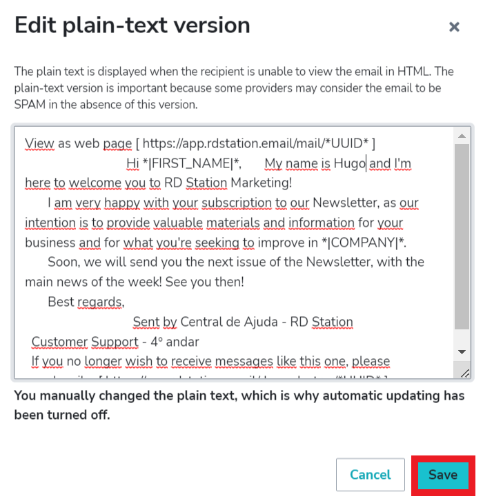 How to fill out the email plain-text version on RD Station Marketing
