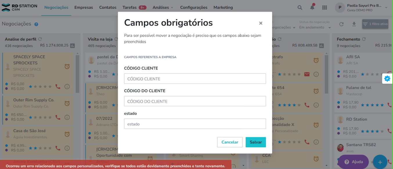 Criar e excluir campos personalizados