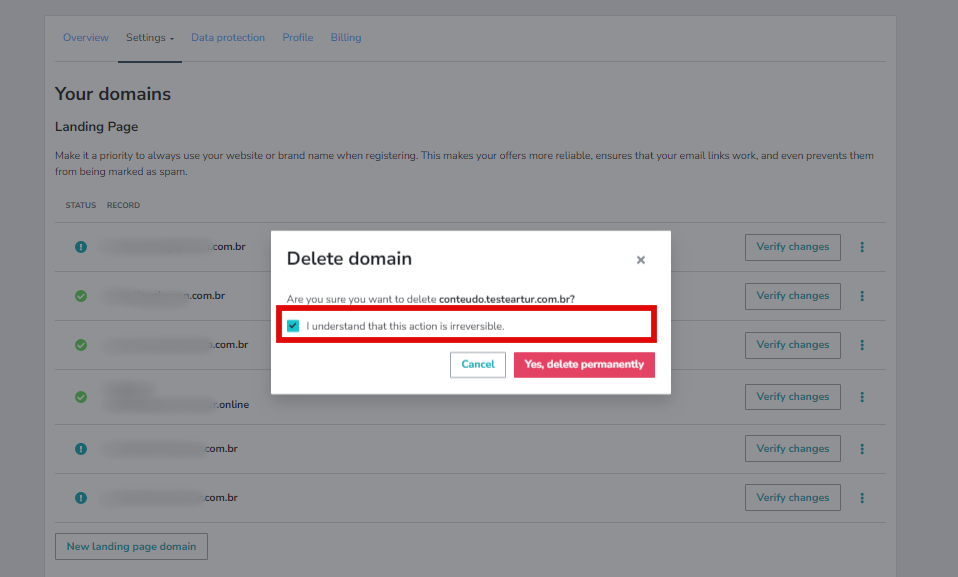 Delete Landing Page domains