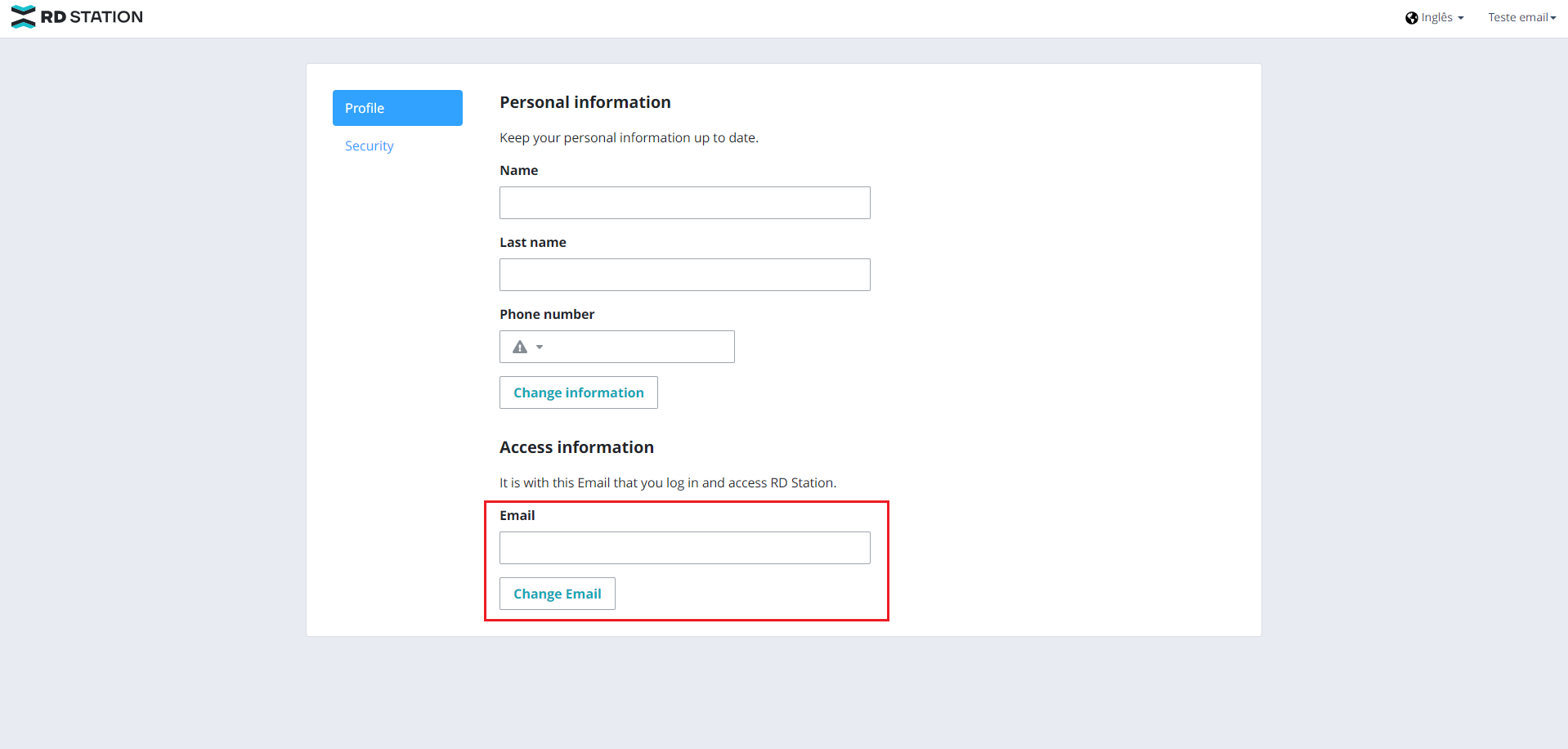 How to change the credentials to access the RD Station account