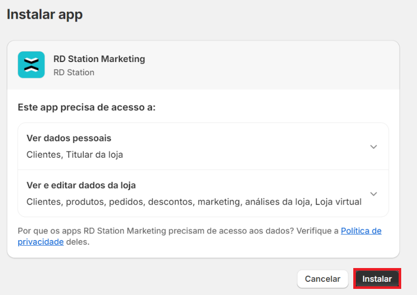 Integrar o RD Station Marketing para Ecommerce com o app Shopify